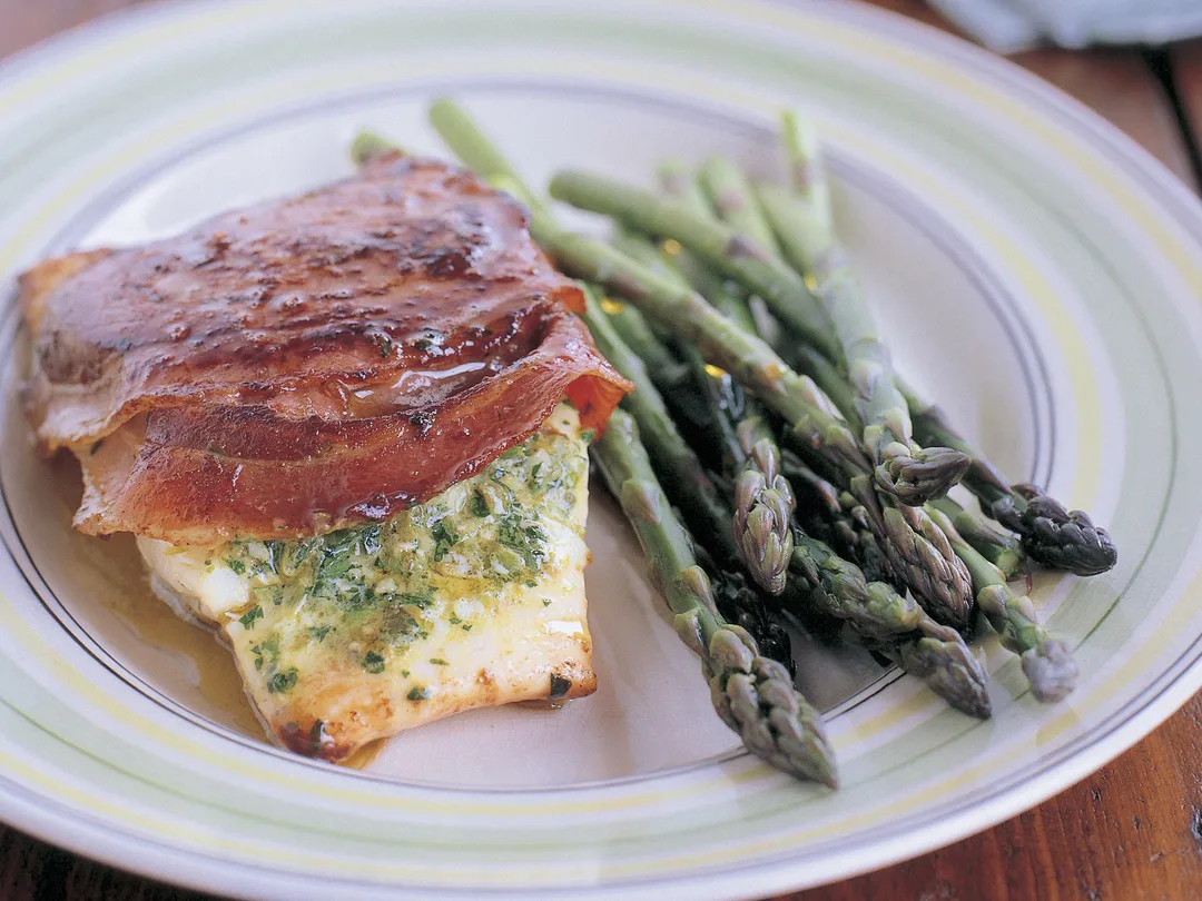 Fish fillets pan-fried with pancetta and caper herb butter