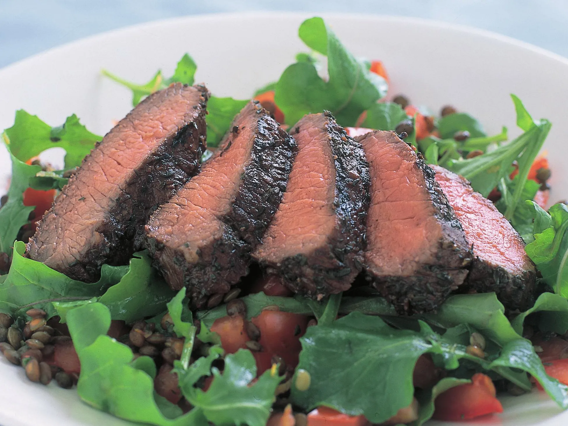 Marinated Lamb Backstraps with Lentil and Rocket Salad
