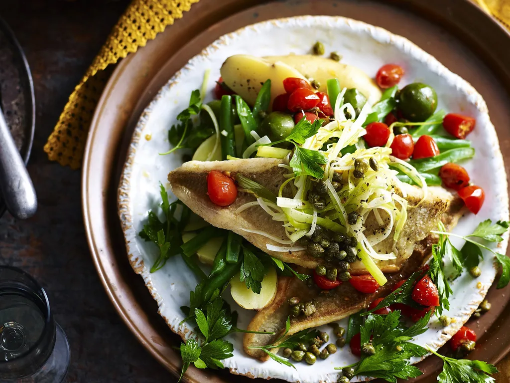Pan-Fried Whiting with Leek, Tomato and Olive Salsa