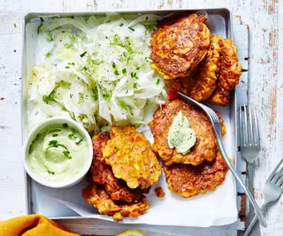 Corn and Bacon Fritters with Avocado Dressing