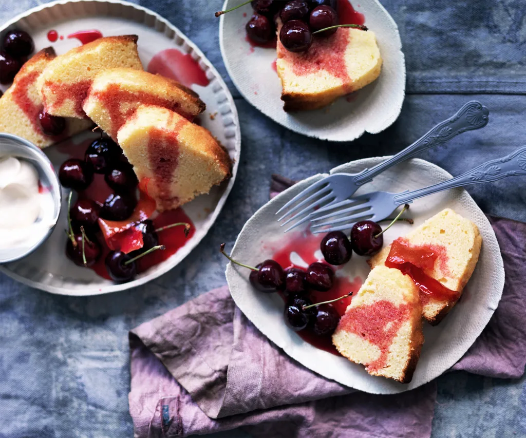 Lemon Ricotta Semolina Cake with Cherry Syrup