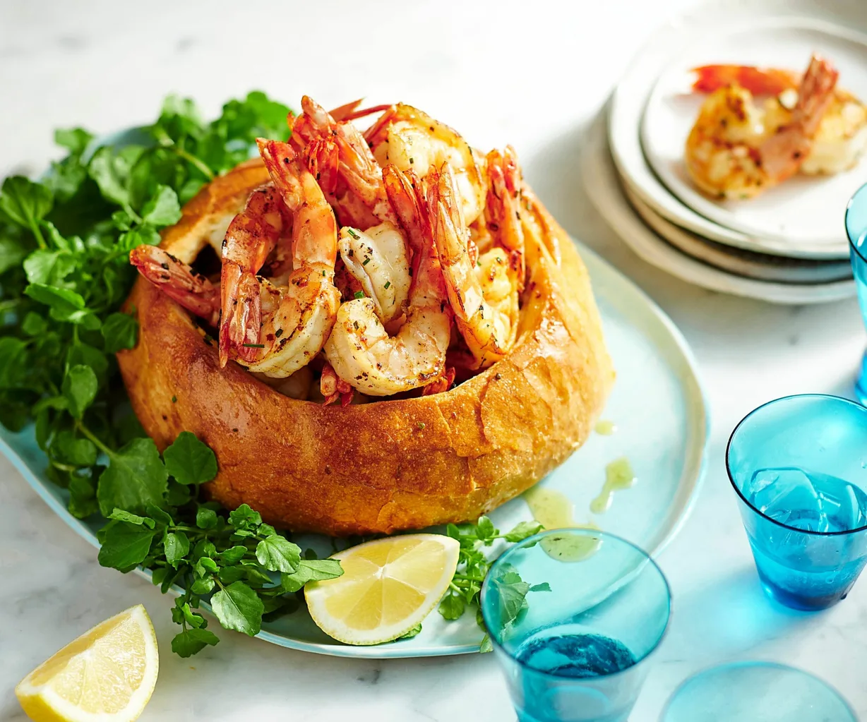 Crusty Cob Loaf with Garlic Butter Prawns