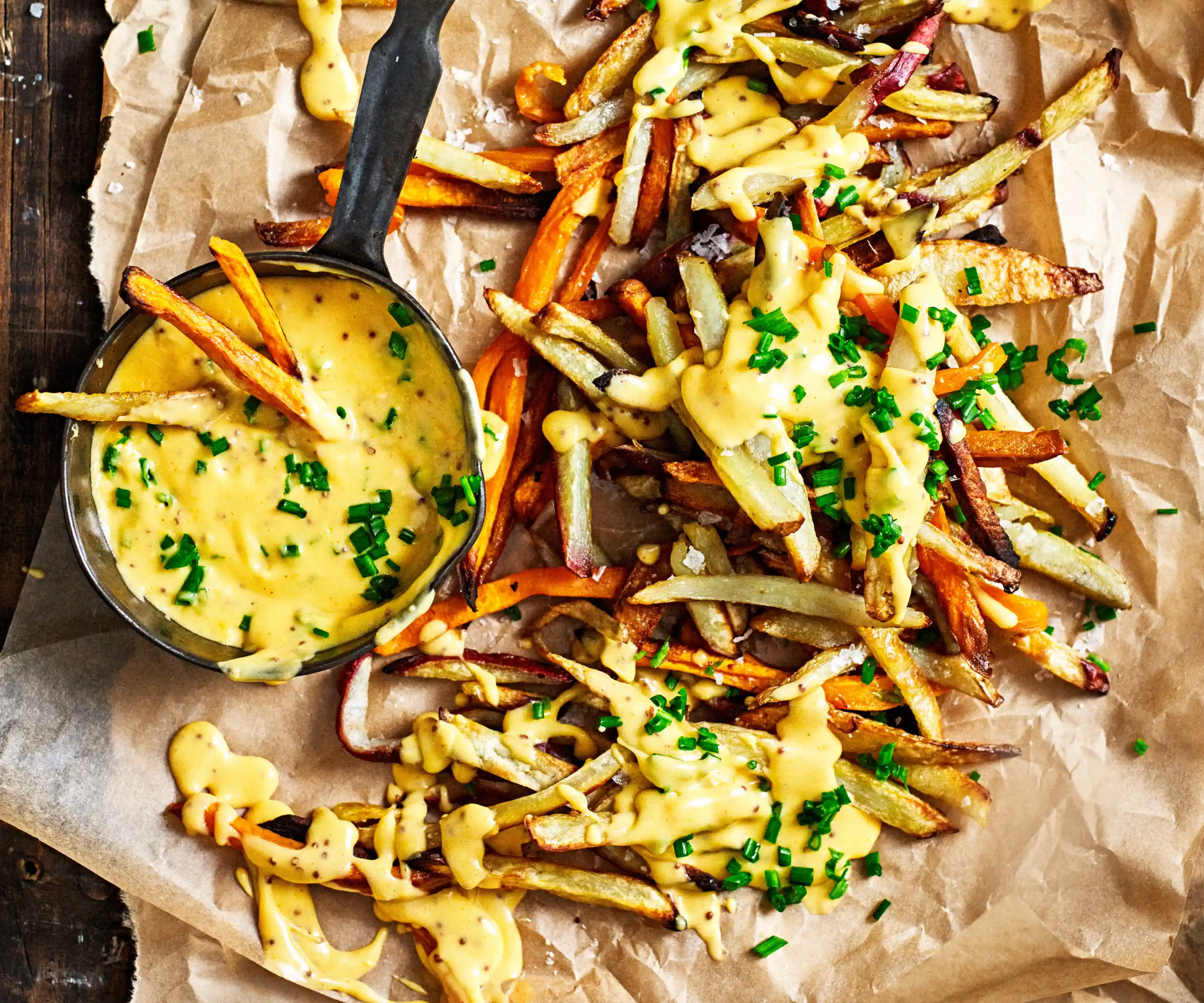 Loaded Root Fries with Beer and Mustard Sauce