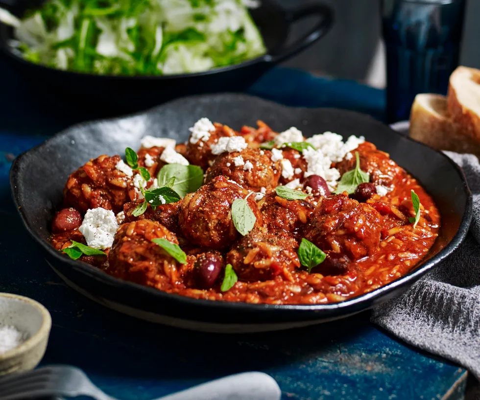 Greek meatballs with fetta, oregano and risoni