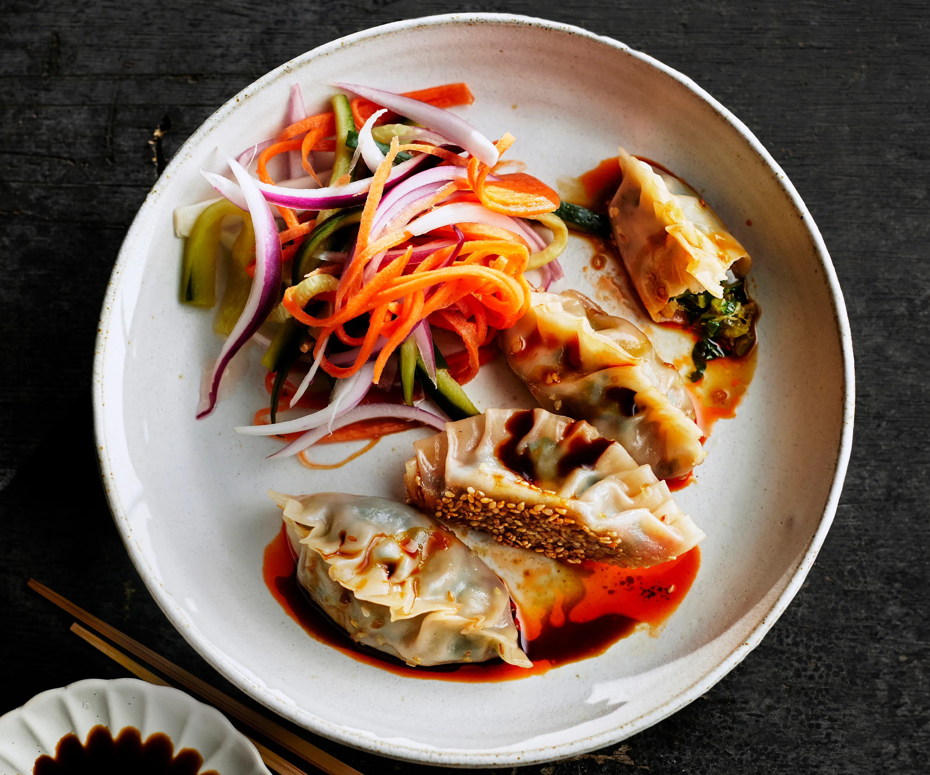 Pan-Fried Choy Sum Dumplings with Shredded 'Quickle'