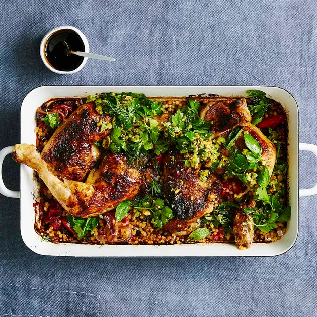 Persian-Style Chicken Tray Bake with Pearl Couscous