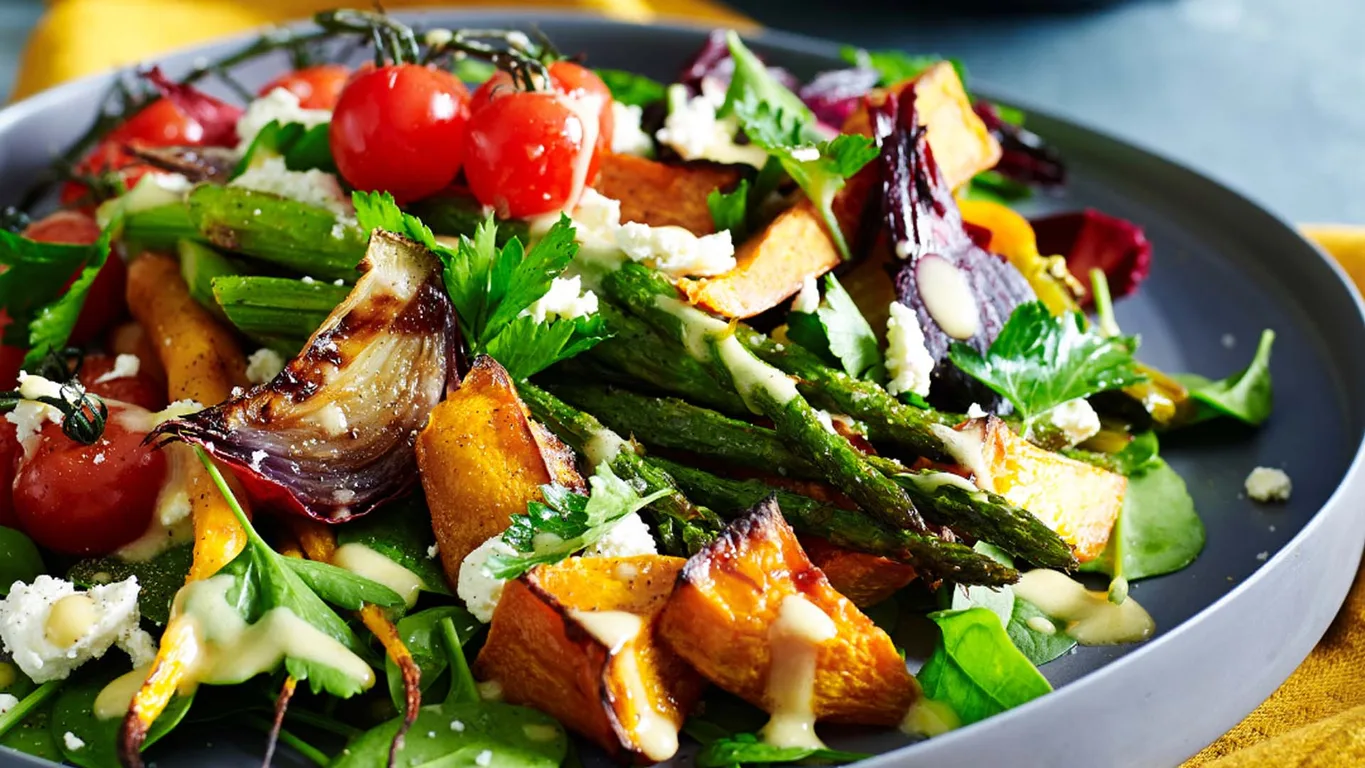 Roast vegetable salad with garlic mustard dressing