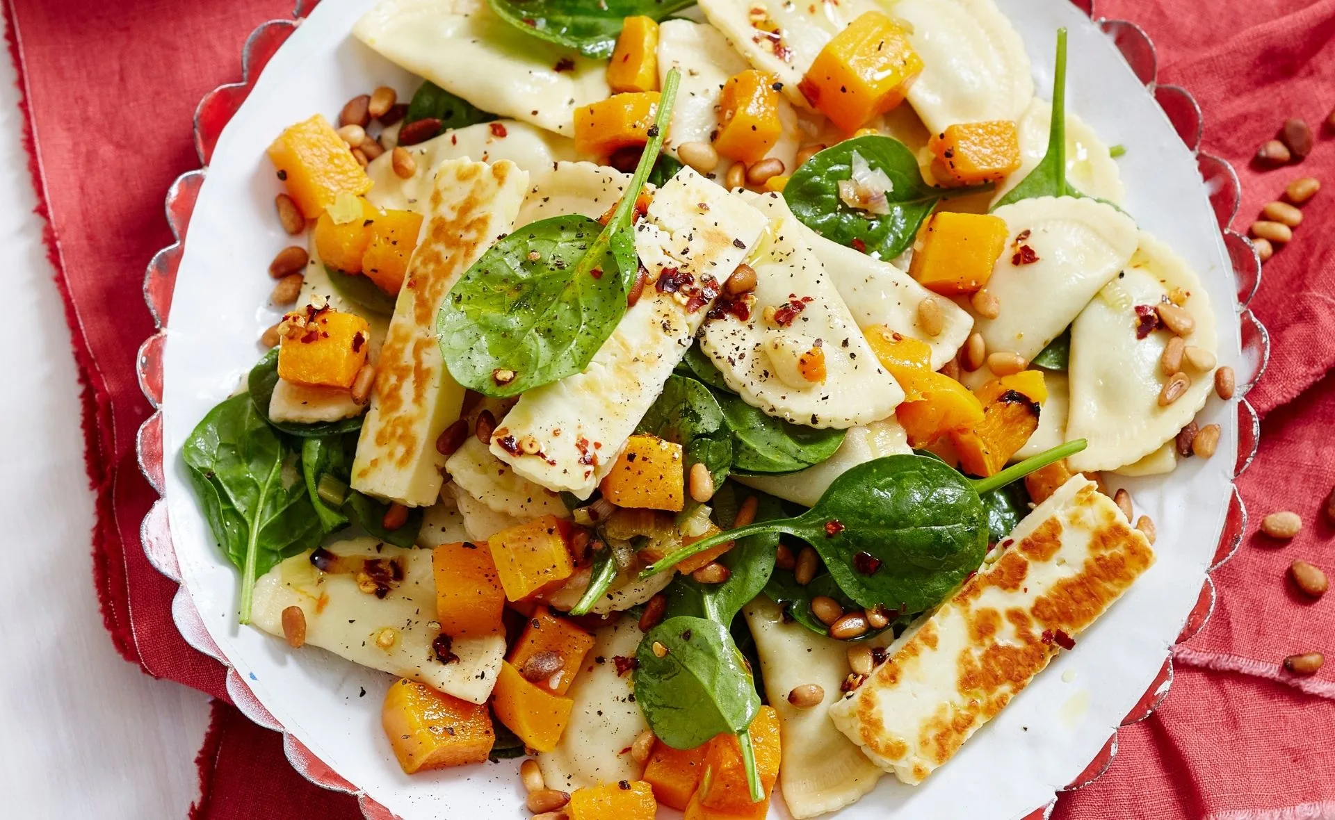 Pumpkin, haloumi and pine nut pasta salad
