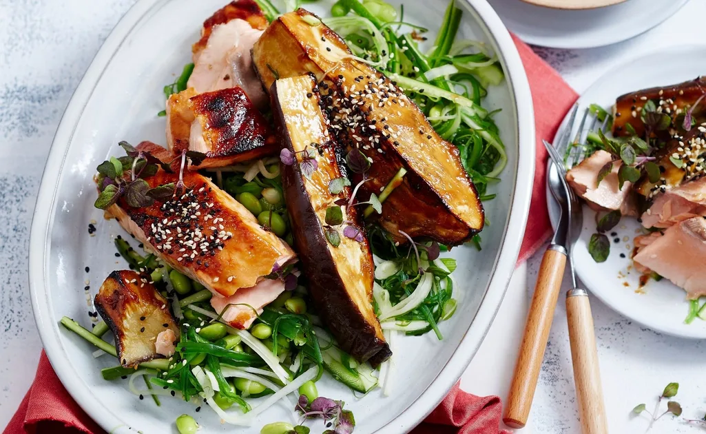 Miso-glazed salmon & daikon cucumber salad recipe